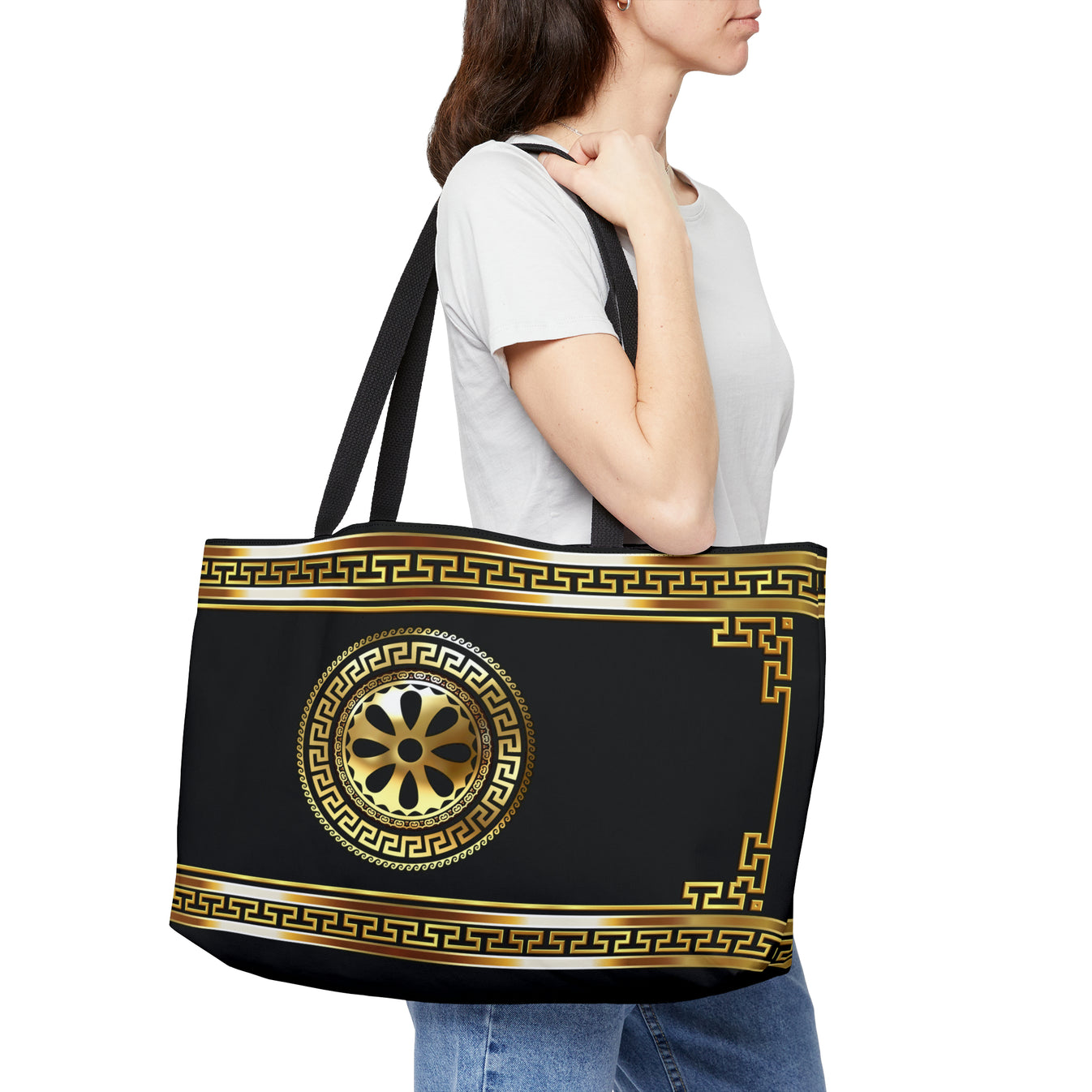 Greek Key Gold Black Flower Weekender Tote Bag – Yiorgos Designs