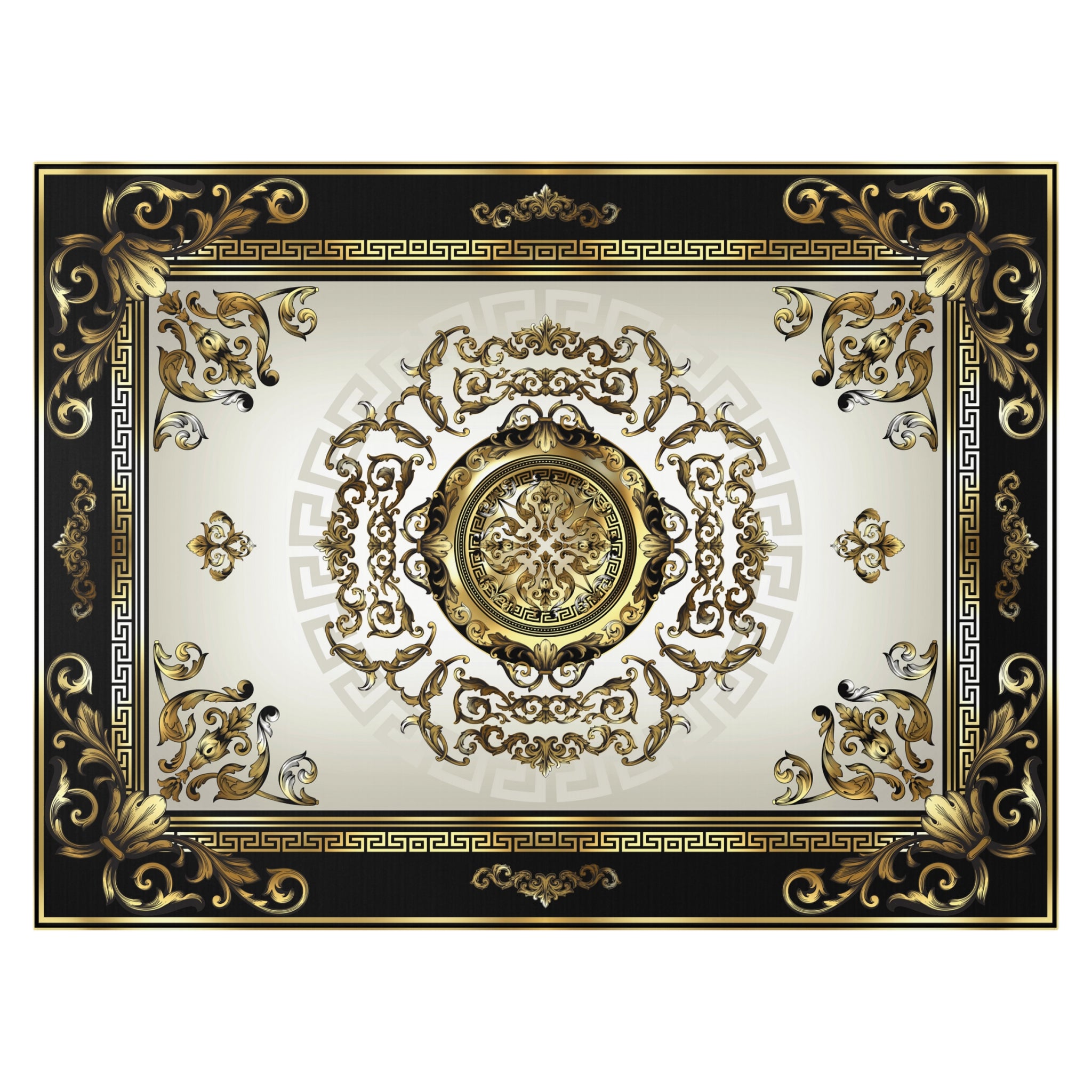 Ornate Baroque Greek Key Black Cream Gold Dornier Rug – Yiorgos Designs